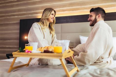 Happy Couple Having Breakfast In Luxury Hotel Room Stock Image Image