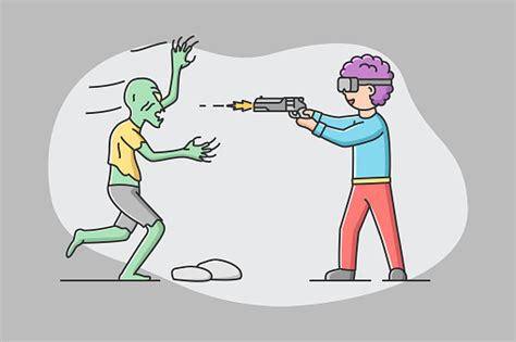 가상 현실의 개념 게임을 고글의 남자는 실시간 Vr 게임을 한다 소년은 영웅과 몬스터 좀비에서 총을 촬영하여 자신을 상상한다