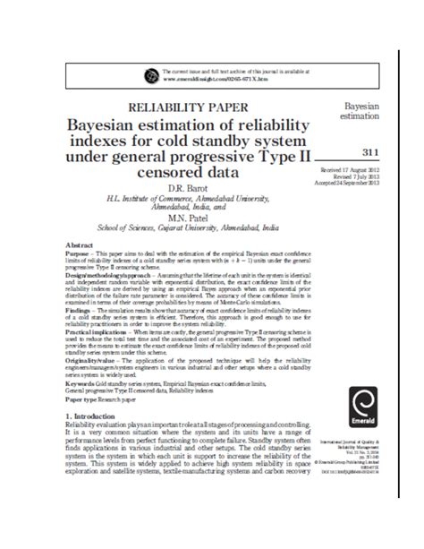 Pdf Bayesian Estimation Of Reliability Indexes For Cold Standby