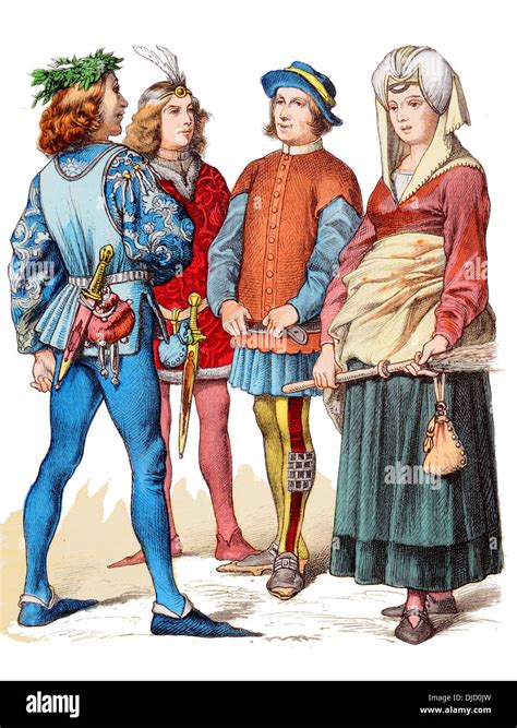 Mid 15th Century XV 1400s Costumes Of French Citizens Stock Photo