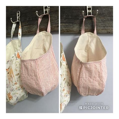 Small Hanging Pod Storage Basket Bag Red Seersucker Stripes