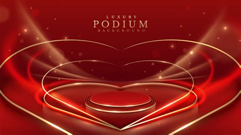 빛과 보케 효과로 장식된 금색 하트 모양의 프레임이 있는 빈 빨간색 연단 발렌타인 데이 제품 프로모션 템플릿에 적합한 우아한 빨간색 배경 3차원 형태에 대한 스톡 벡터 아트