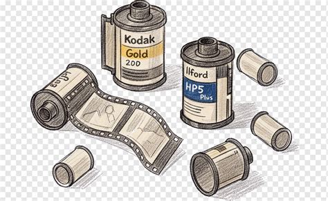 Vintage Camera Film Rolls Still Life In Sketch Style Png Designed By