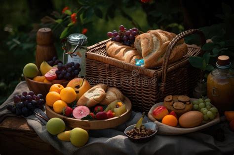 A Picnic Basket Filled With Sandwiches Fruit And Cookies For A Still