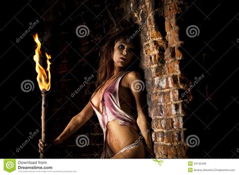 Woman With Torch In Hand Stock Photo Image Of Darkness 34145438