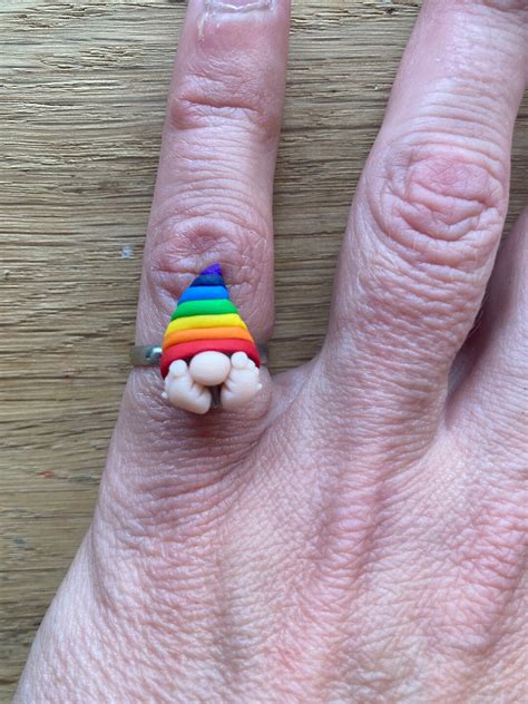 Gonk Gnome Ring Adjustable Handmade Clay Jewellery Nisse Tomte Gifts For Her Quirky Rainbow