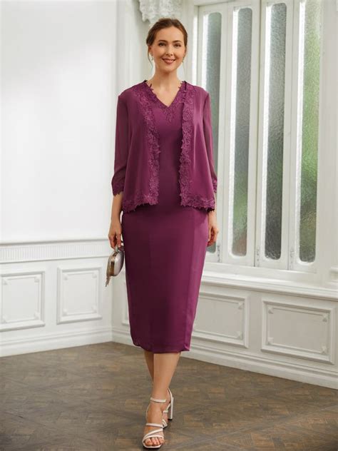 Sheath Column Chiffon Applique V Neck Sleeveless Tea Length Mother Of