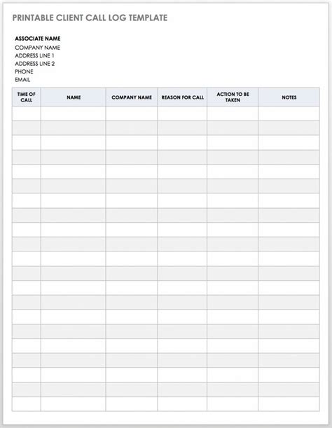 Printable Free Client Call Log Templates Smartsheet Call Log Book