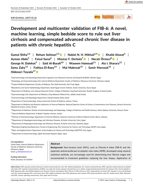 PDF Development And Multicenter Validation Of FIB6 A Novel Machinelearning Simple Bedside