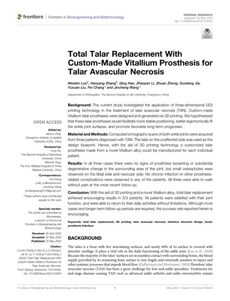 Pdf Total Talar Replacement With Custom Made Vitallium Prosthesis For