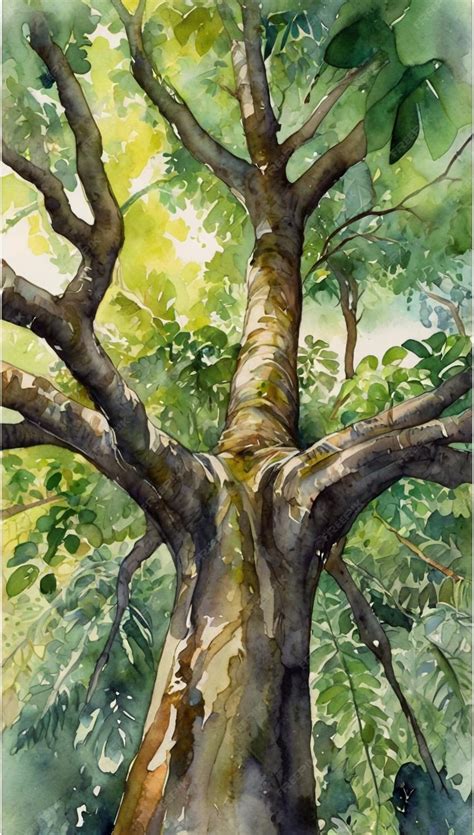 Watercolor Painting The Sprawling Canopy Of A Rainforest Tree Its Vast