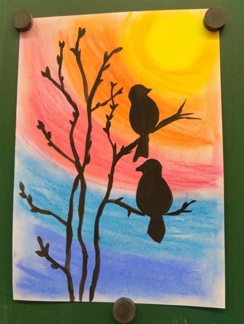 Птички на ветке Закат УЧУ РИСОВАТЬ онлайн и в Москве Правополушарное рисование для начинающих