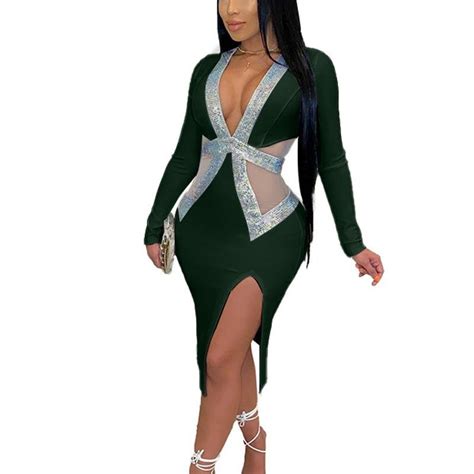 Sequins V Neck Hollow Out Mesh Patchwork Long Sleeve High Slit Dress