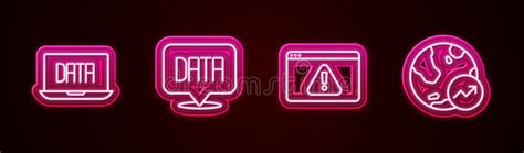 Set Line Data Analysis Browser With Exclamation Mark And Financial Growth Glowing Neon Icon