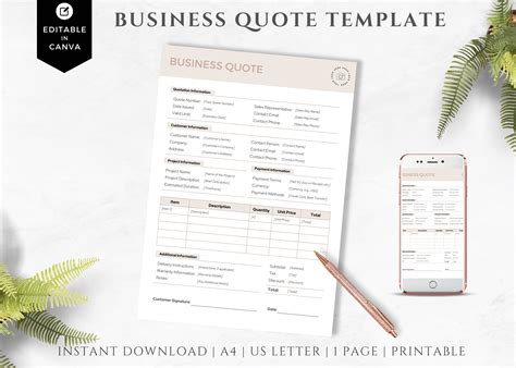 Editable Quotation Sheet Canva Template Instant Download Quote Form Job