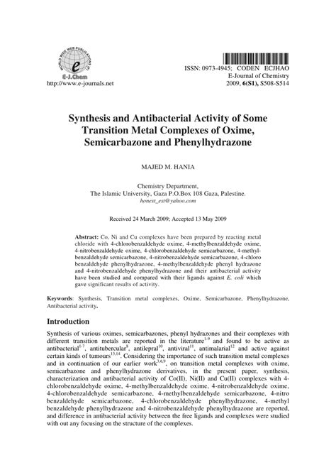 Pdf Synthesis And Antibacterial Activity Of Some Transition Metal Complexes Of Oxime