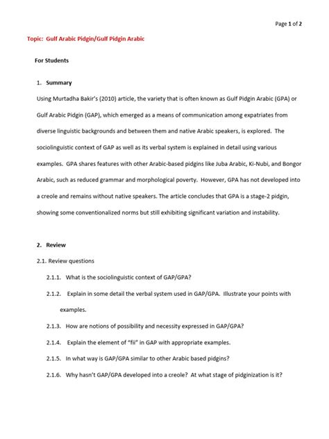 Gulf Pidgin Arabic Review Sheet Pdf