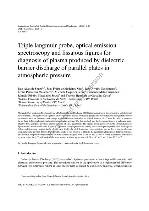 Pdf Triple Langmuir Probe Optical Emission Spectroscopy And Lissajous Figures For Diagnosis