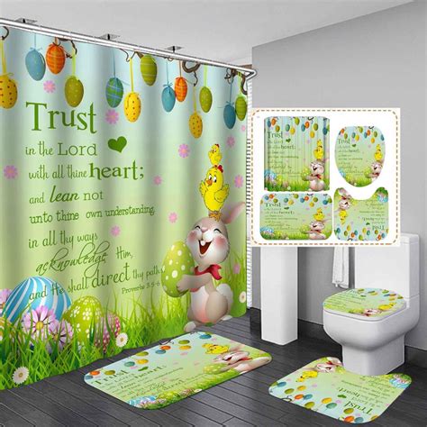 4pcs Funny Rabbit Easter Shower Curtain Sets With Rugs Waterproof