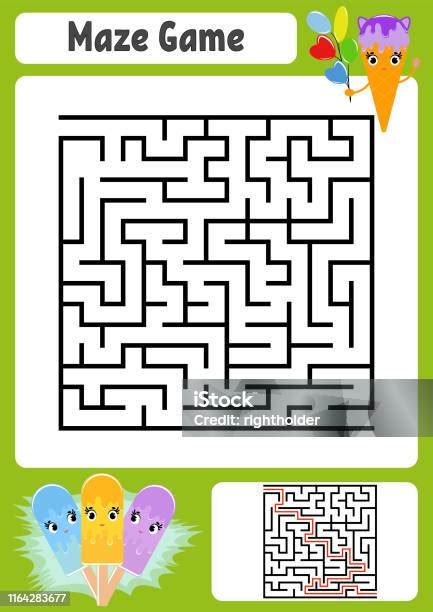 추상 사각형 미로입니다 아이 워크 시트 어린이를위한 게임 퍼즐 귀여운 아이스크림 하나의 입구 하나의 출구 미로 수수께끼 벡터 그림입니다 대답과 함께 0명에 대한 스톡 벡터