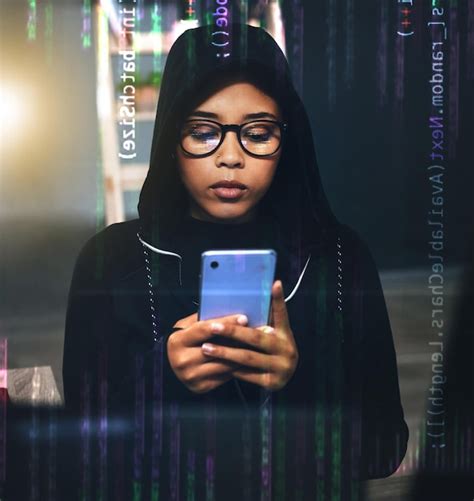 Premium Photo Hacker Coding Overlay And Woman With Phone At Night For