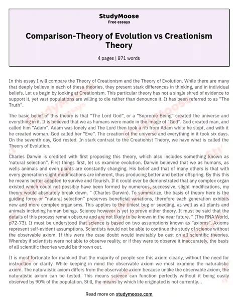 Comparison Theory Of Evolution Vs Creationism Theory Free Essay Example