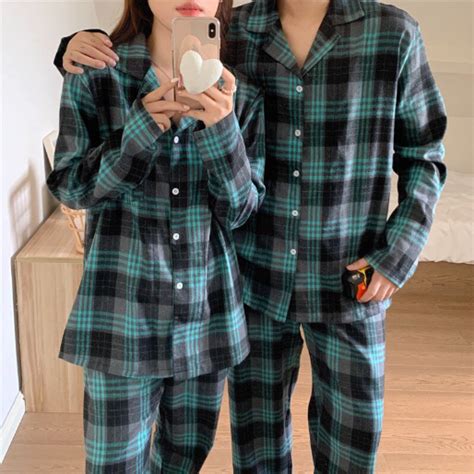 위컴피파자마 기모 포근 그린 블랙 체크 긴팔 커플 잠옷 세트 파자마 커플여행 신혼부부 파자마파티 선물 커플룩 가을 겨울 수면 크리스마스