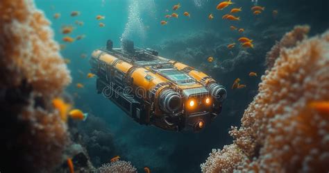 Exploring The Ocean Depths With A Robot Submarine Amid Vibrant Marine Life Generative Ai Stock
