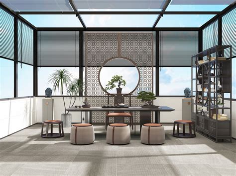 新中式风格阳光房 茶桌椅 茶柜 烤肉台 阳光顶 室内设计 拓者设计吧