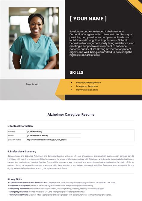 Free Alzheimer Caregiver Resume Template To Edit Online