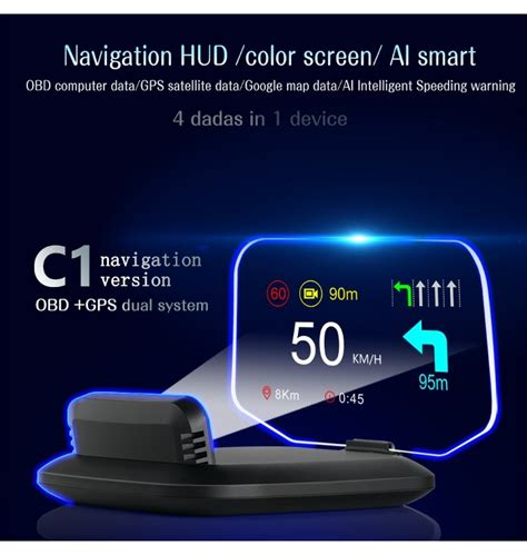 Hud추천 헤드업디스플레이 C1 네비게이션 버전 미러 자동차 전면 Obd2 Gps 듀얼 티몬