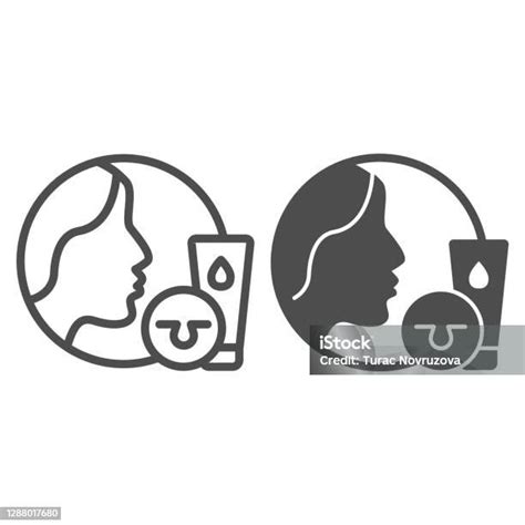 스킨 케어 크림과 페이스 라인과 단단한 아이콘 메이크업 루틴 컨셉 흰색 배경에 화장품 사인 소녀 얼굴과 피부 모공 윤곽 스타일에 연고 아이콘 벡터 그래픽 0명에 대한 스톡