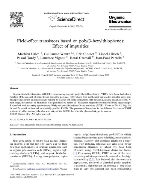Pdf Field Effect Transistors Based On Poly3 Hexylthiophene Effect Of Impurities