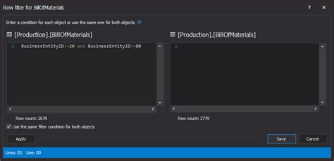 Using The Row Filter Option In Apexsql Data Diff