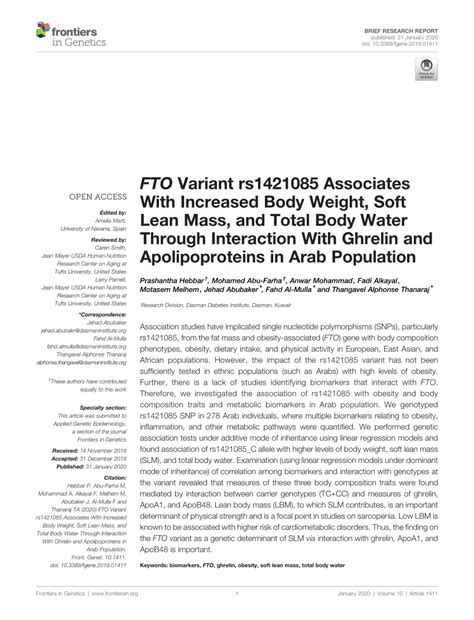 Pdf Fto Variant Rs1421085 Associates With Increased Body Weight Soft