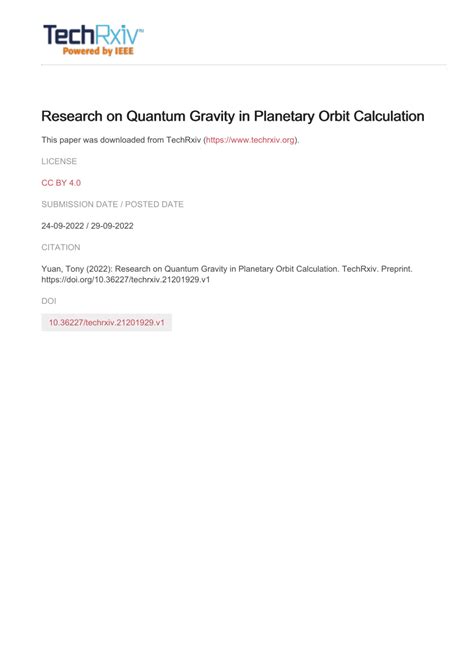 Pdf Research On Quantum Gravity In Planetary Orbit Calculation