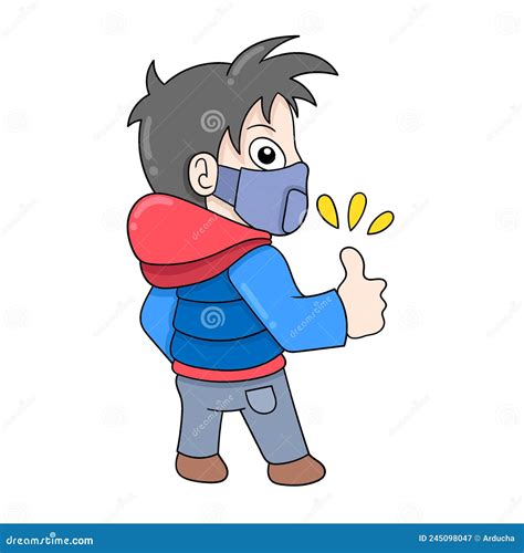 Chico Con La Cara Cubierta Con La Máscara Mantener Limpio Doodle Imagen De Icono Kawaii