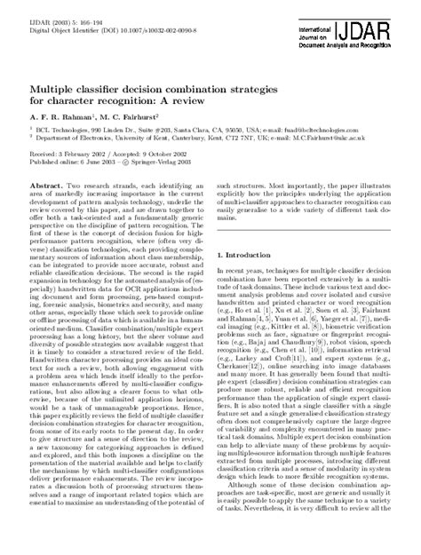 Pdf Multiple Classifier Decision Combination Strategies For Character