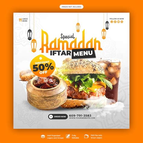 Comida especial do Ramadã Kareem e banner de mídia social do menu iftar
