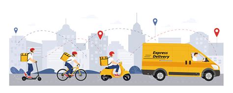 온라인 배달 서비스 개념 온라인 주문 추적 가정 및 사무실 배달 스쿠터 자전거 자동차에 택배의 벡터 그림 웹 페이지 응용