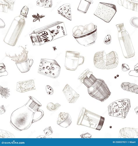 Monochrome Dairy Products Seamless Pattern Stock Vector Illustration