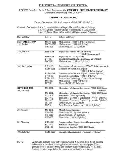 Kurukshetra University Kurukshetra Revised Date Sheet For The Btech