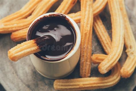 Churros With Hot Chocolate Sauce In A Rustic Mood Stock Image Image Of Brown Sugar