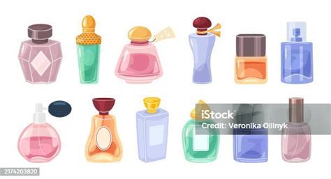 만화 향수병 아로마 물 향기로운 에센스 유리병 패키지 및 고급 향수 향수 펌프와 분무기 절연 벡터 일러스트 레이 션 세트 0명에 대한 스톡 벡터 아트 및 기타 이미지