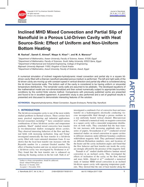 Pdf Inclined Mhd Mixed Convection And Partial Slip Of Nanofluid In A Porous Lid Driven Cavity