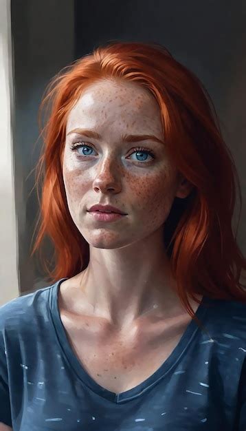 A Woman With Freckles On Her Face And A Blue Shirt With A Freckles On