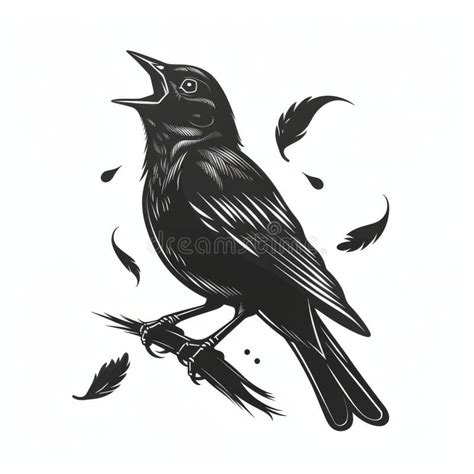 Illustrated Singing Bird Perched On Branch With Falling Leaves And Music Note Stock Image