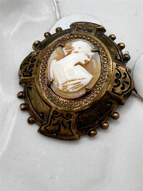Antique Hand Carved Shell Cameo Set In Czech Brass Brooch Etsy