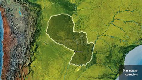 Paraguay Border Shape Overlay Glowed Topographic Labels Stock
