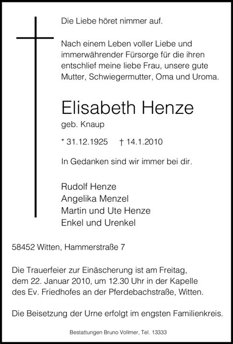 Traueranzeigen Von Elisabeth Henze Trauer In NRW De